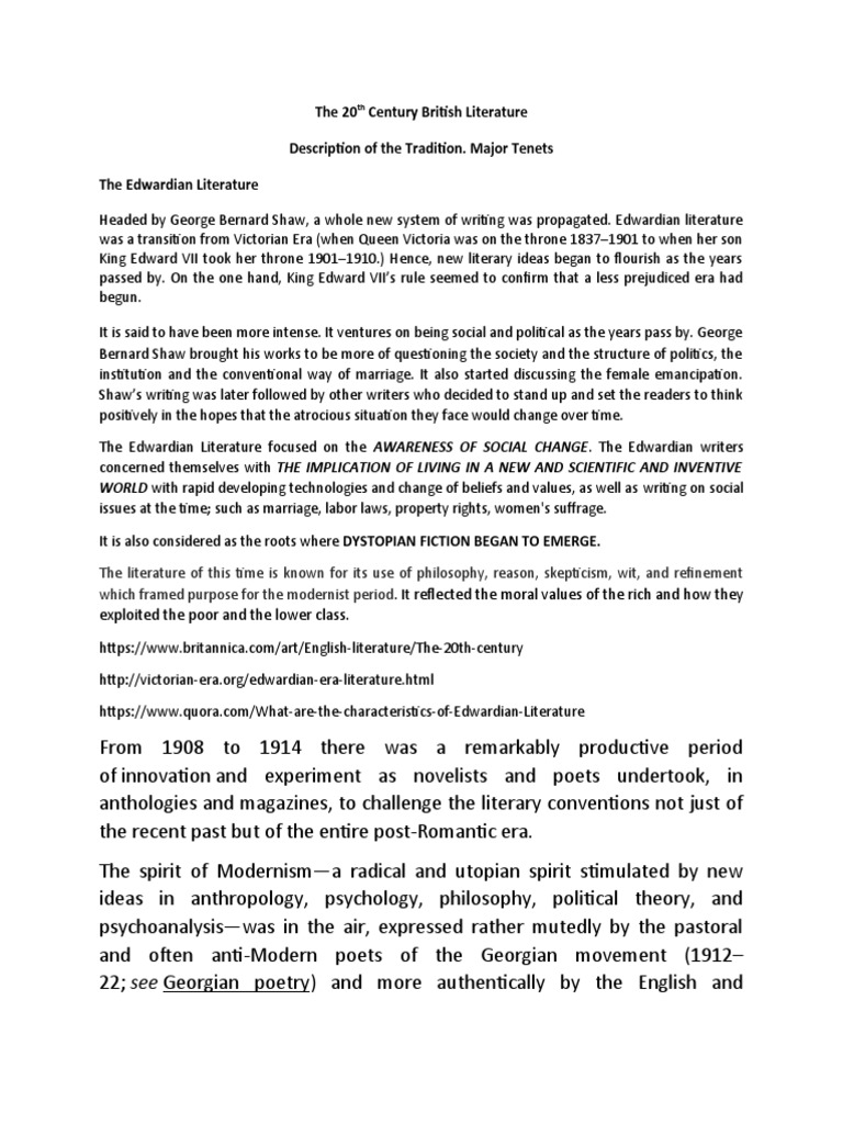 The 20 Century British Literature Description of The Tradition. Major ...