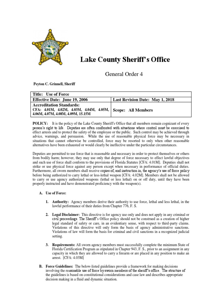 Use of Force Policy Overview | PDF | Sheriffs In The United States ...