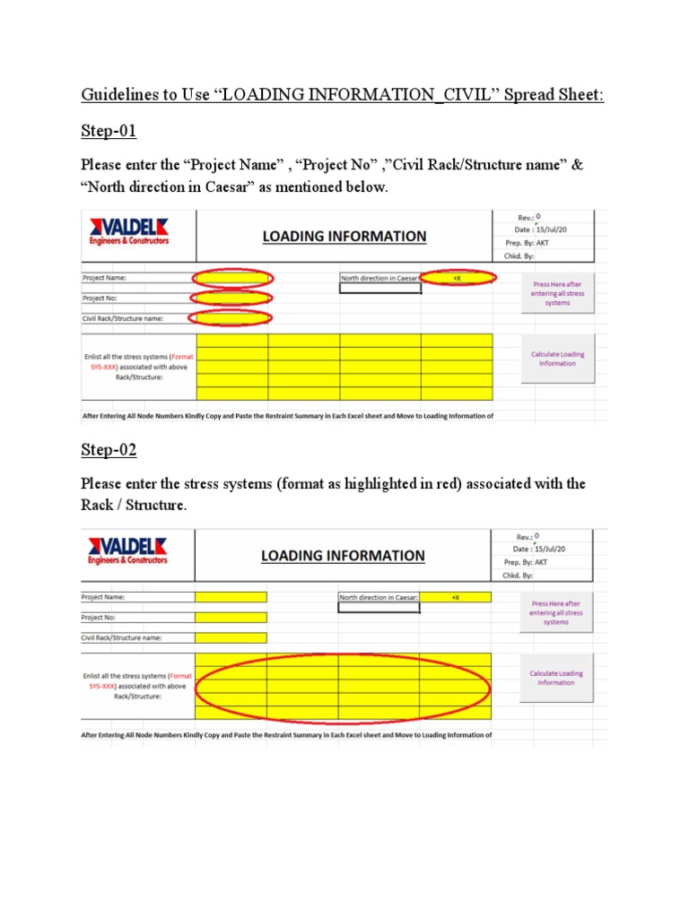 Guidelines To Use Loading Informatio - CIVIL Spread Sheet. | PDF