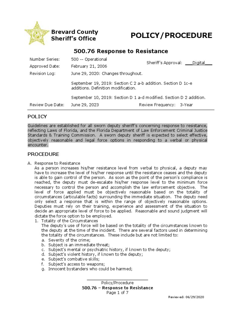 BCSO - Response To Resistance | Download Free PDF | Use Of Force ...