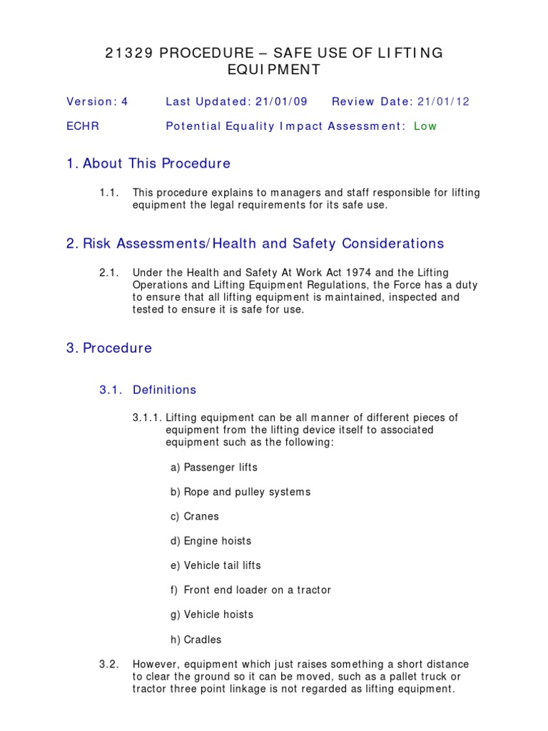 Safe Use of Lifting Equipment Procedure | PDF | Elevator | Occupational ...
