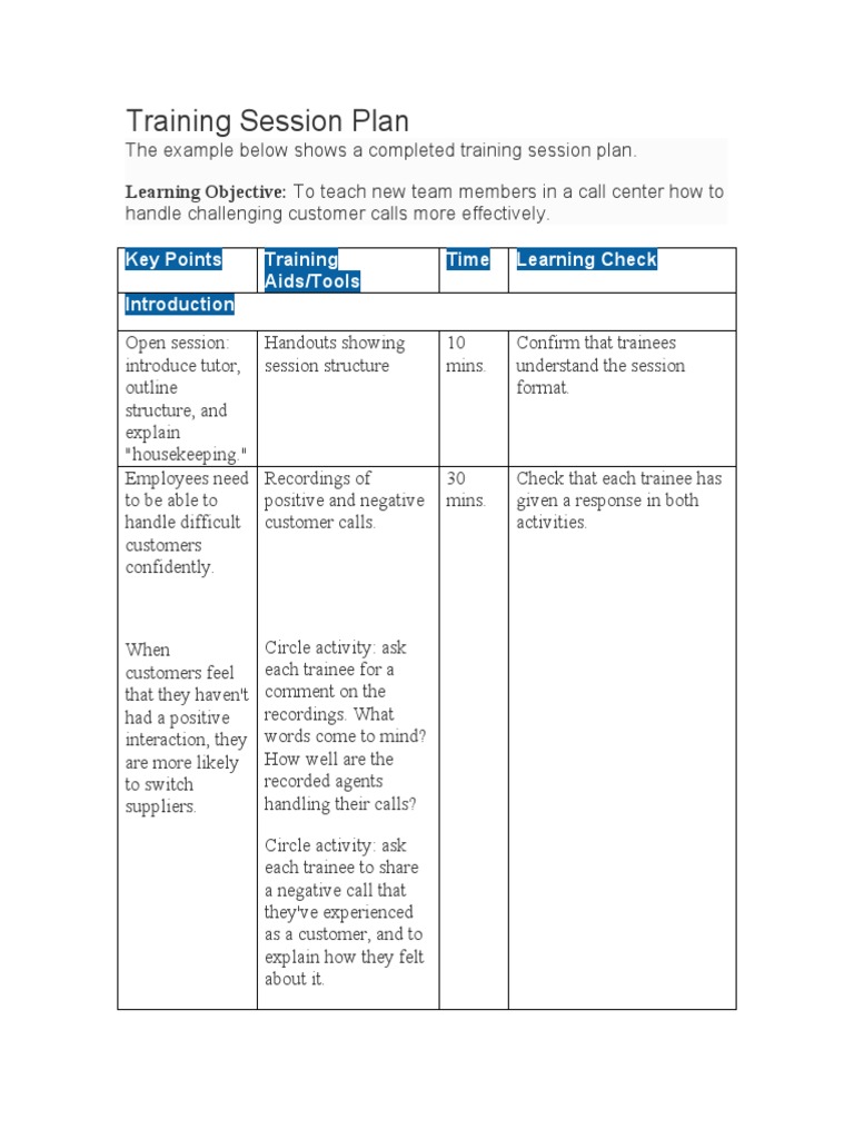 Training Session Plan: Learning Objective: To Teach New Team Members in ...