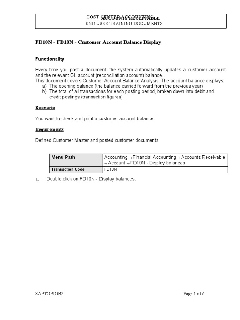 Customer Balance Display in SAP FD10N | PDF | Financial Transaction ...