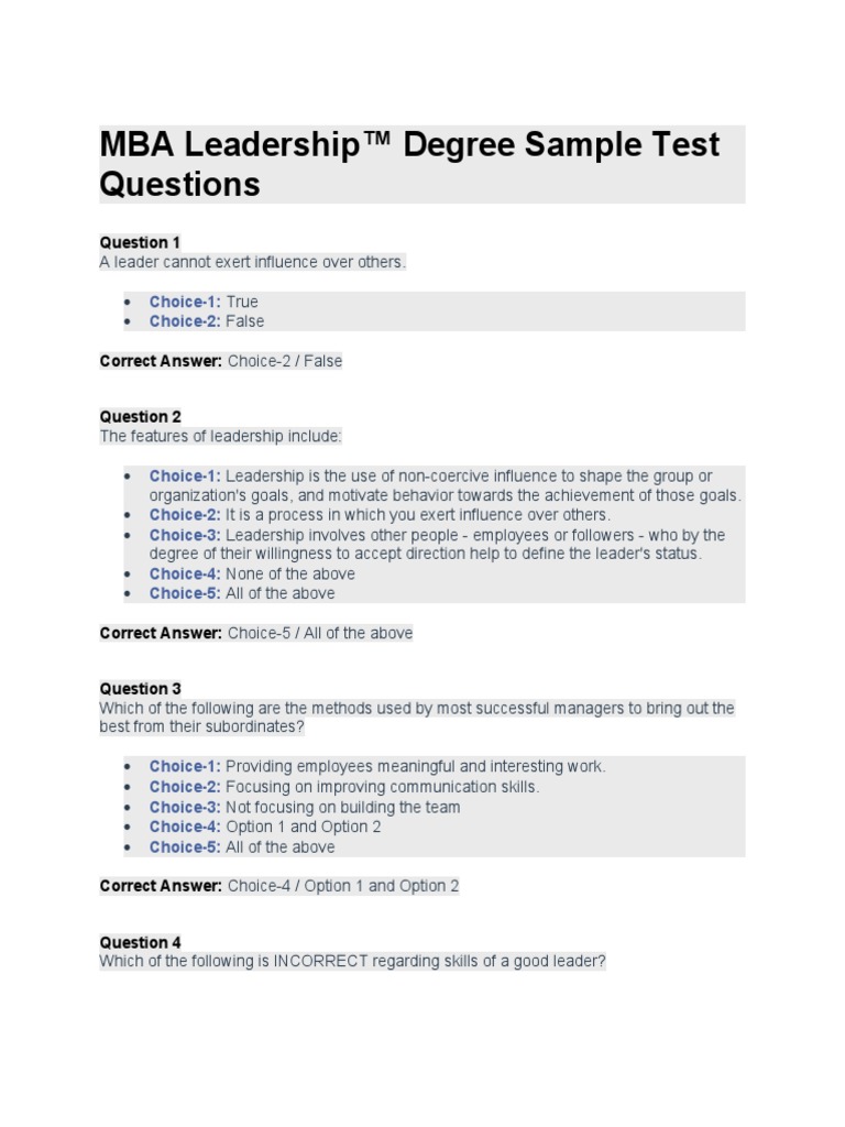 MBA Leadership™ Degree Sample Test Questions: Choice-1: Choice-2 | PDF ...