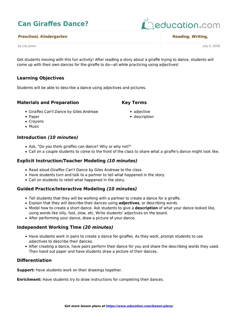 Can Giraffes Dance?: Learning Objectives | PDF | Lesson Plan ...
