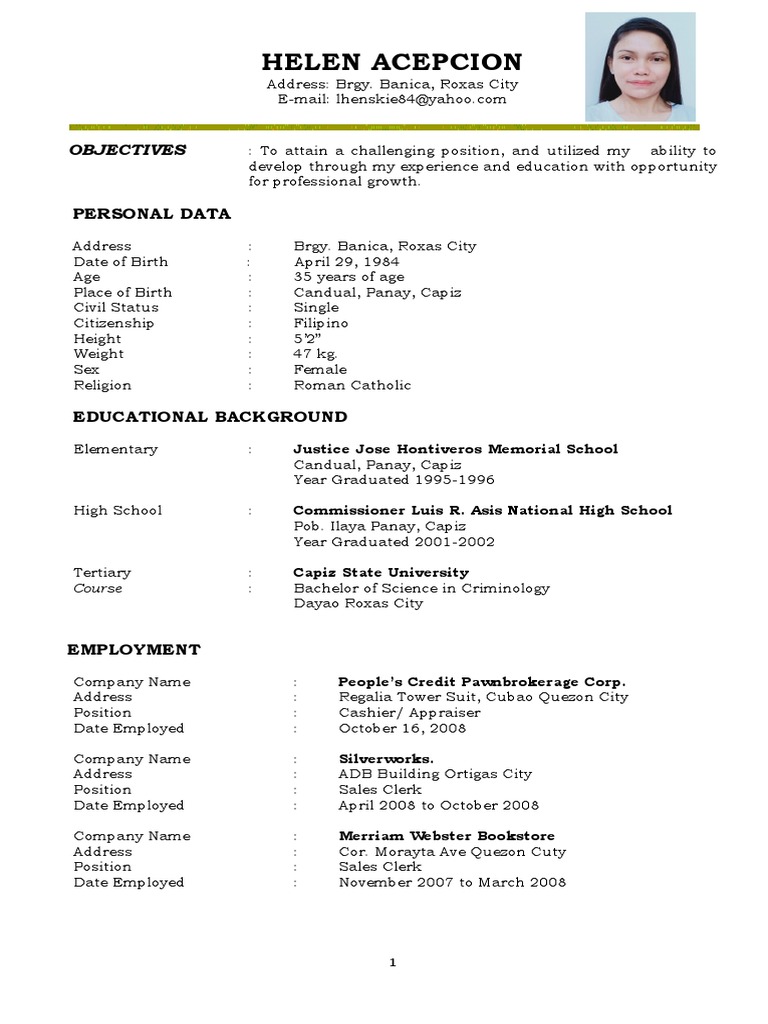 Resume of Ms. Helen Acepcion | PDF