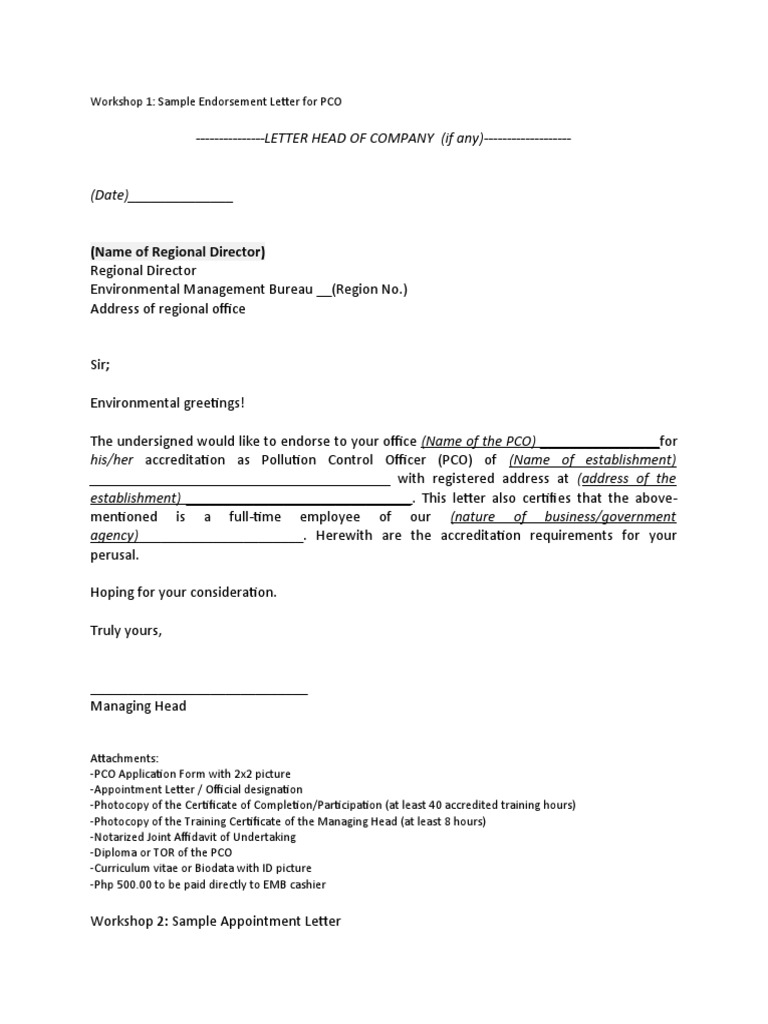 Sample - Appoinment Letter and Endorsement of A PCO For Accreditation ...