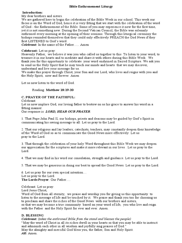 Bible Enthronement Liturgy | PDF | Prayer | God The Father