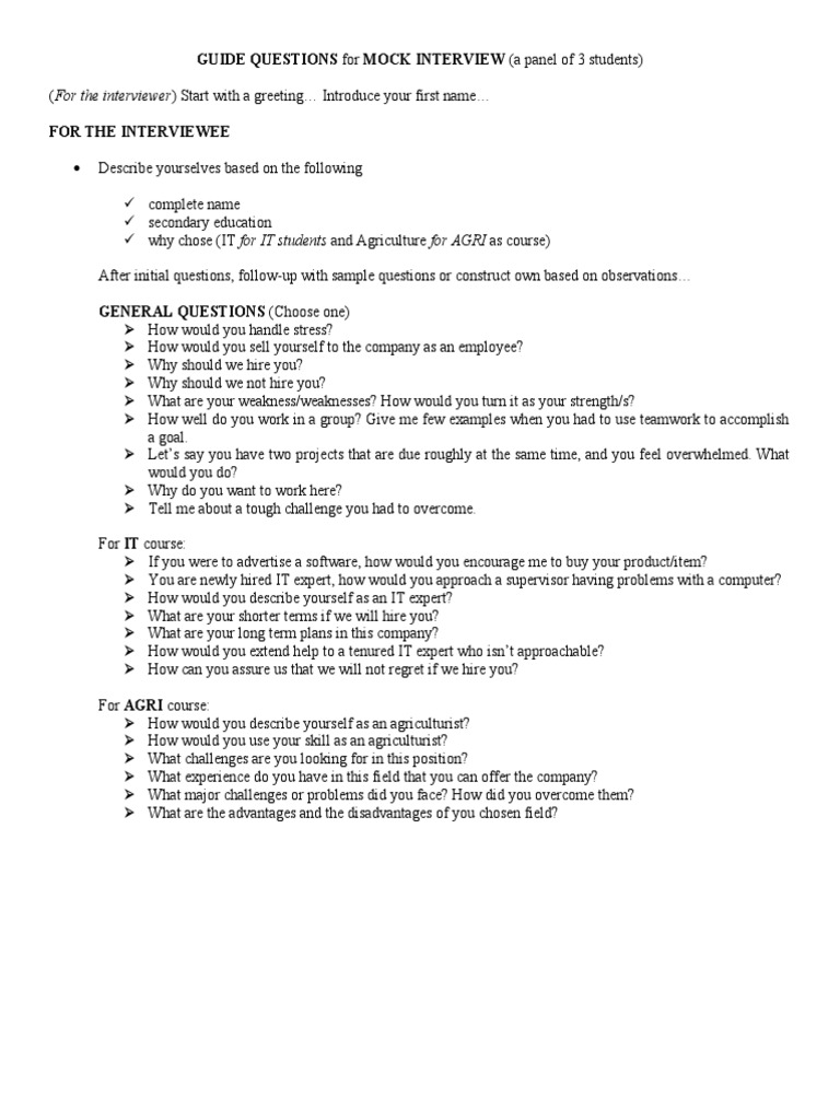 GUIDE QUESTIONS For MOCK INTERVIEW (A Panel of 3 Students) | PDF ...