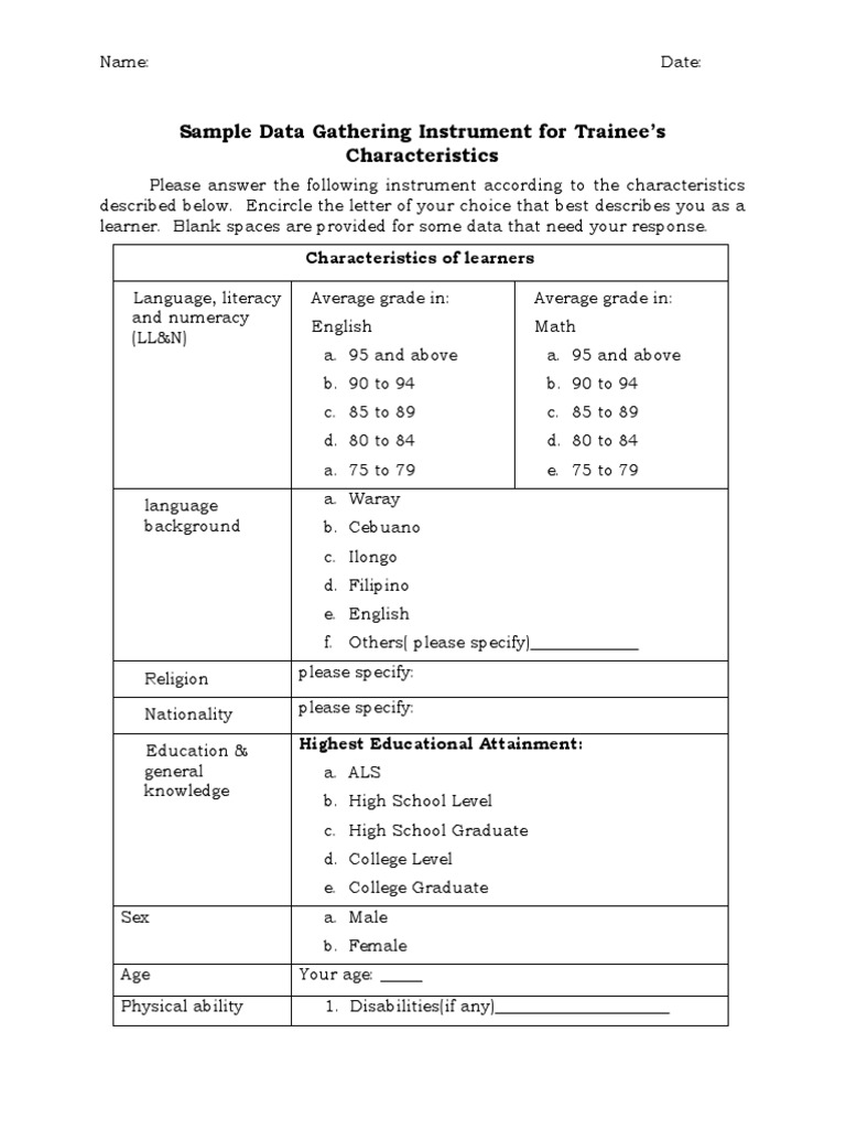 Data Gathering Instrument For Trainee | PDF | Learning ...