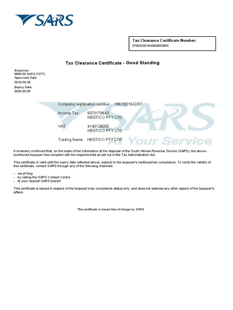 Hestico Pty Ltd Tax Clearance Certificate | PDF