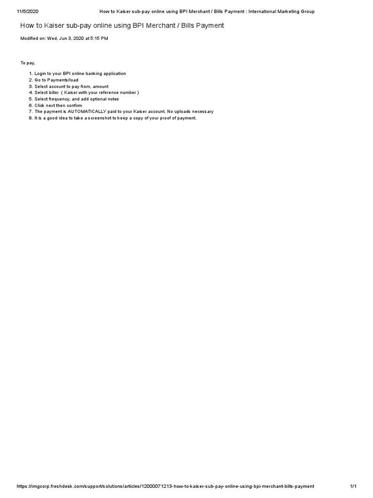 How To Kaiser Sub-Pay Online Using BPI Merchant - Bills Payment ...