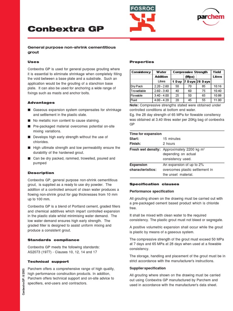 Conbextra GP: General Purpose Non-Shrink Cementitious Grout | PDF | Personal Protective ...