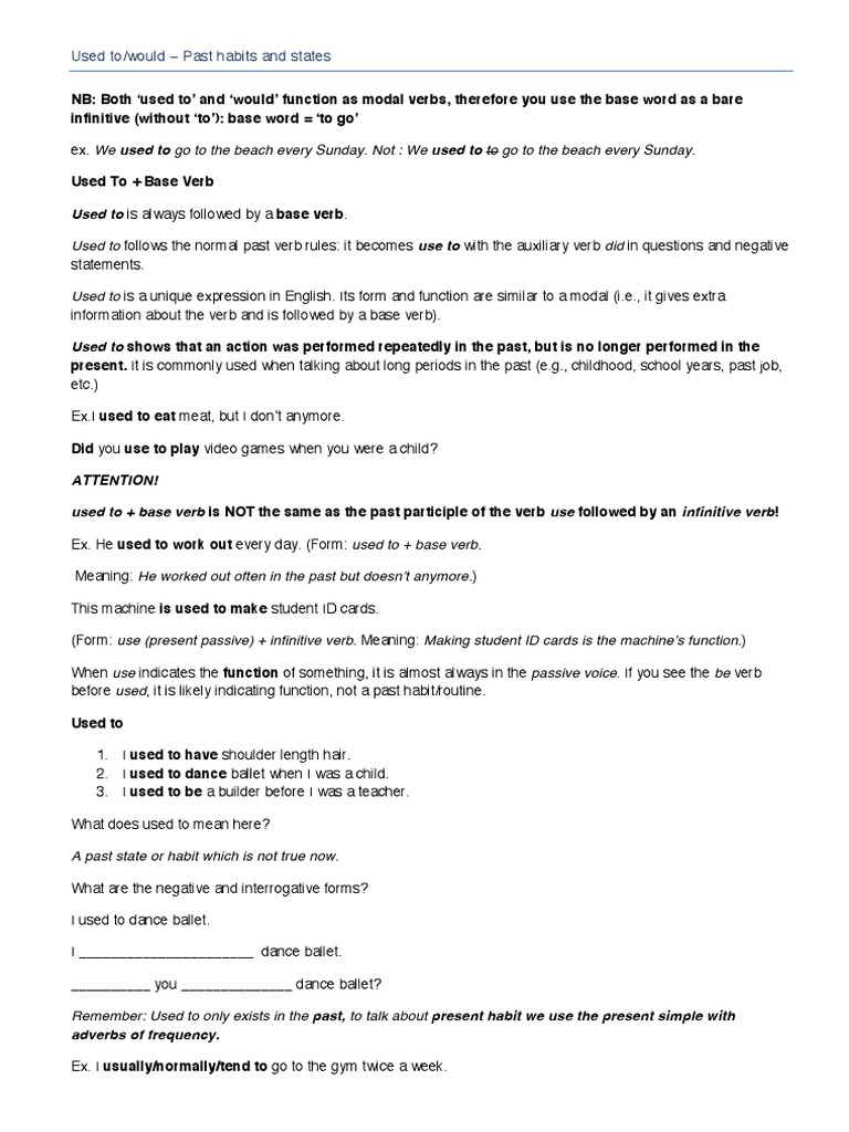 Used To/would - Past Habits and States | PDF | Verb | Grammar