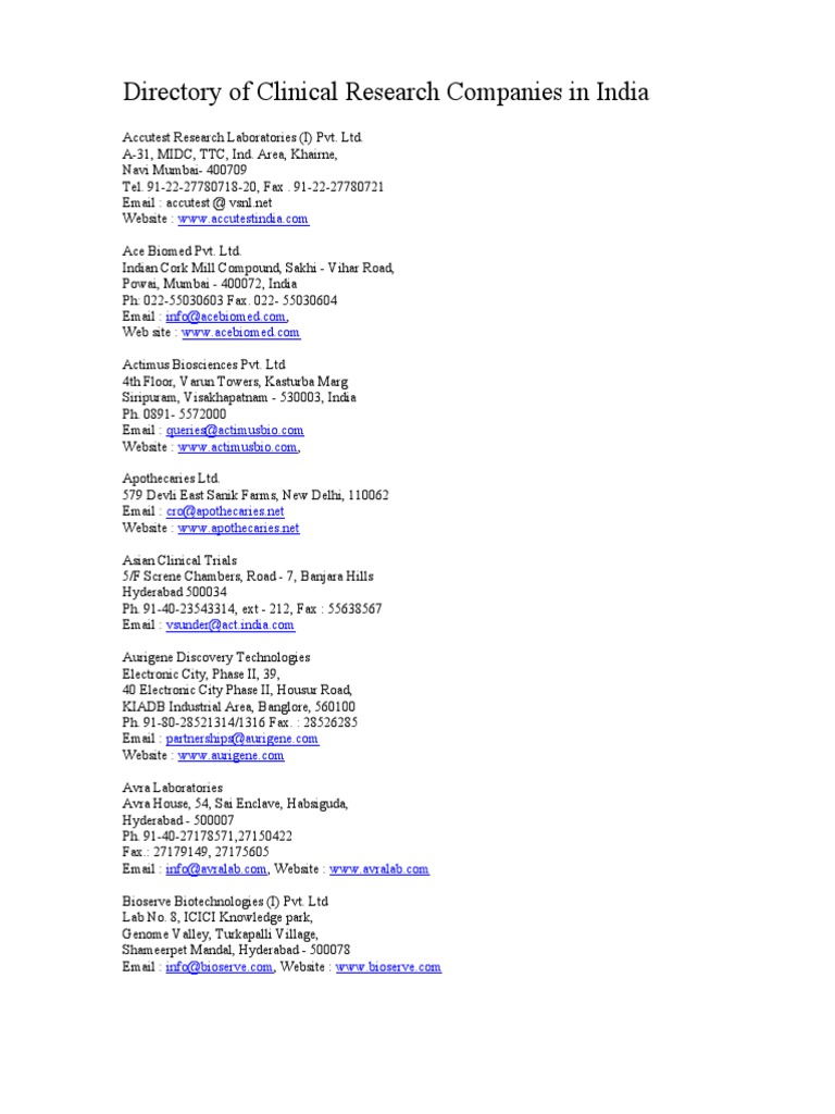 Directory of Clinical Research Companies in India | PDF | Service ...