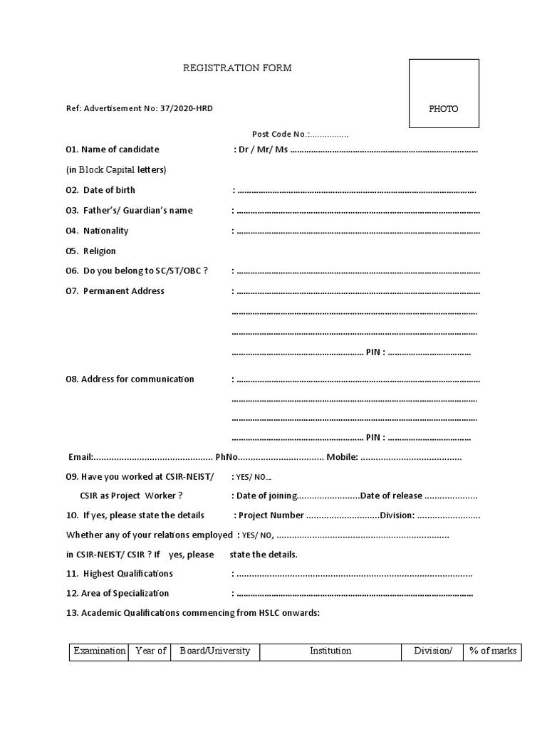 Registration Form: Ref: Advertisement No: 37/2020-HRD Post Code No ...