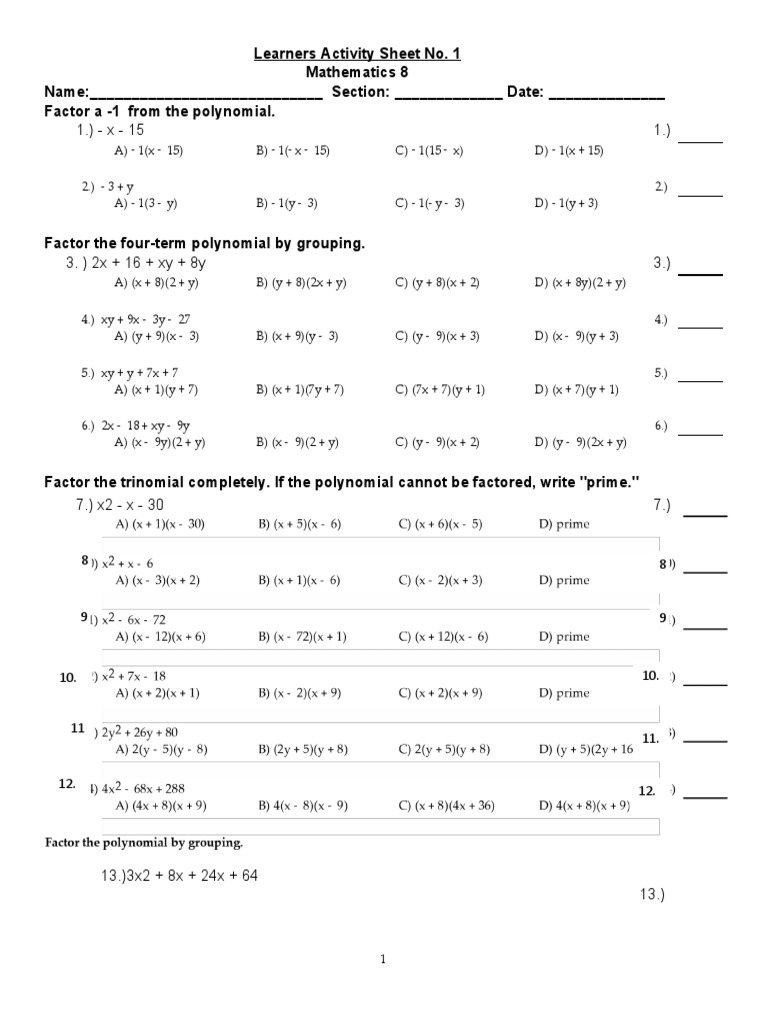 Math 8 Polynomial Factoring Worksheet | PDF | Algorithms | Number Theory