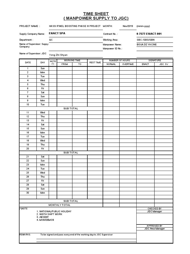 Time Sheet (Manpower Supply To JGC) : Enact Spa 0-7577-ENACT-001 | PDF ...