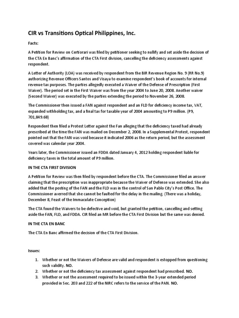 CIR Vs Transitions Optical Philippines | PDF | Taxes | Social Institutions
