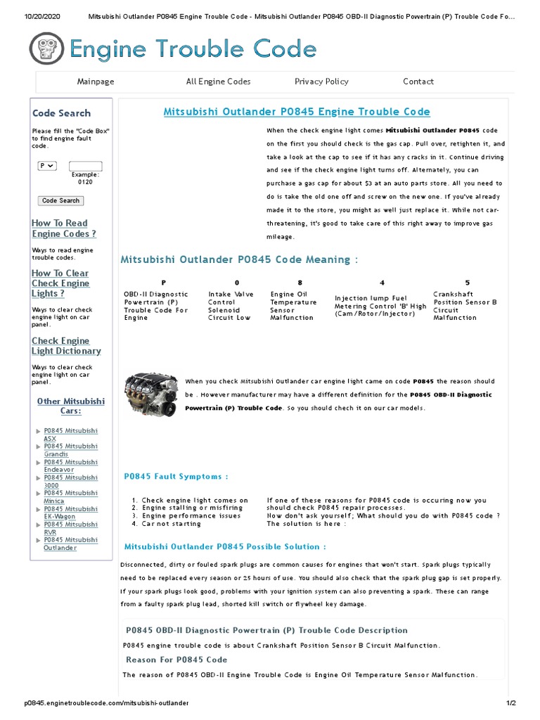 Mitsubishi Outlander P0845 Engine Trouble Code - Mitsubishi Outlander ...
