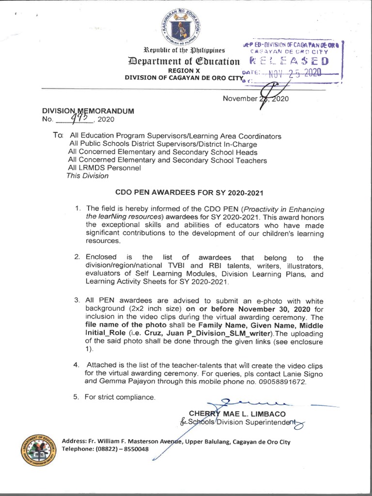DM493s2020 - CDO Pen Awards For SY 2020-2021 | PDF