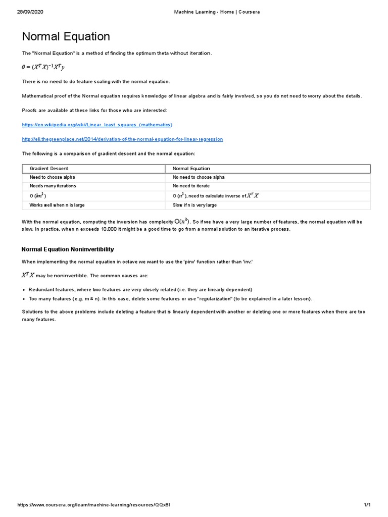 Normal Equation: θ = (X X) X y | PDF