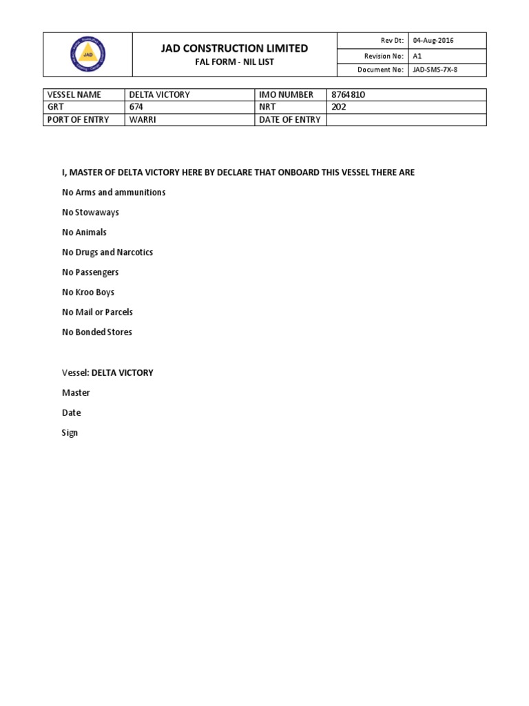 Jad Construction Limited: Fal Form - Nil List | PDF