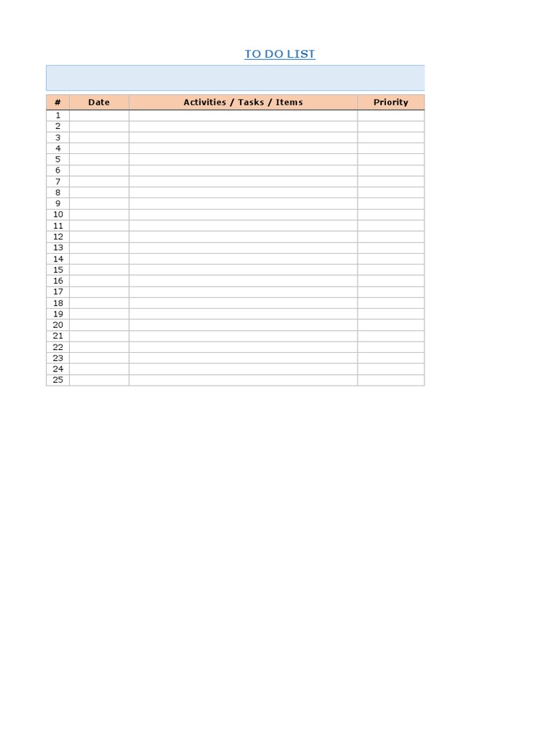 To Do List: # Date Activities / Tasks / Items Priority | PDF