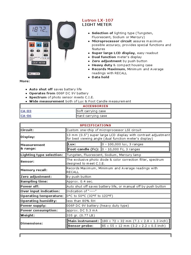Lutron LX-107 Light Meter Overview | PDF | Lighting | Electrical ...