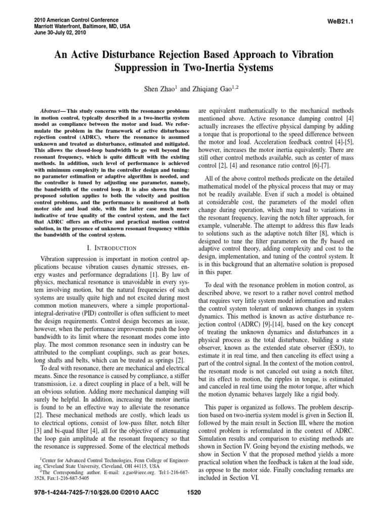 An Active Disturbance Rejection Based Approach To Vibration Suppression in Two-Inertia Systems ...