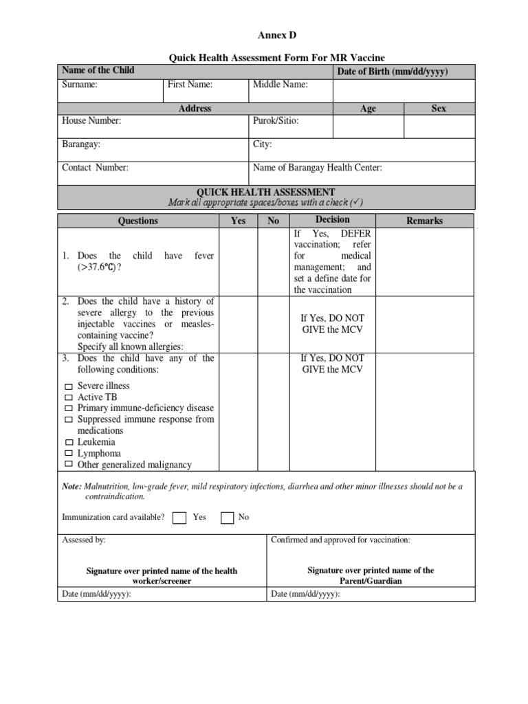 Annex D Quick Health Assessment Form - MR Vaccine | PDF | Vaccines ...