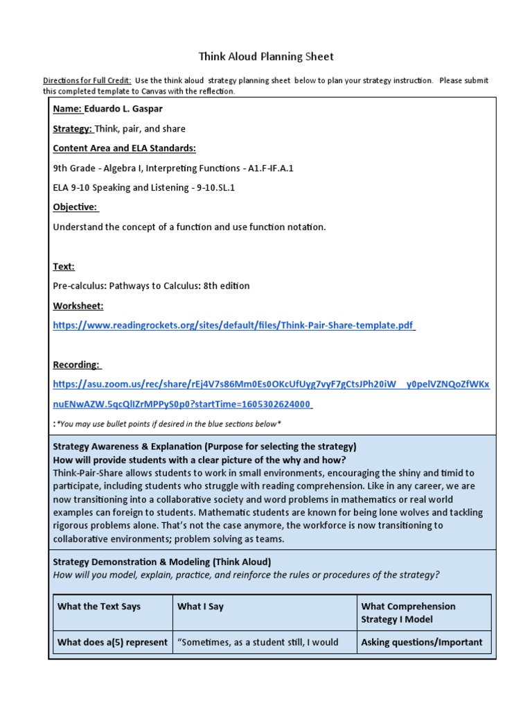 Gaspars Think Aloud Strategy Planning Sheet | PDF | Reading ...