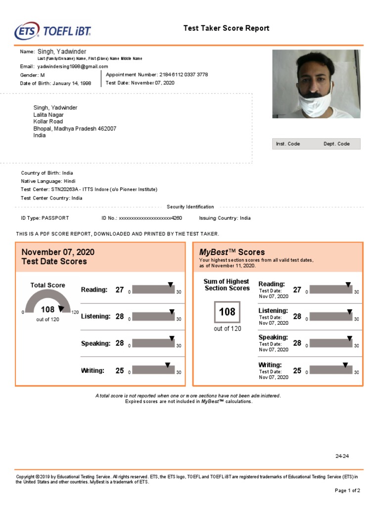 Test Taker Score Report: November 07, 2020 Test Date Scores | Download ...