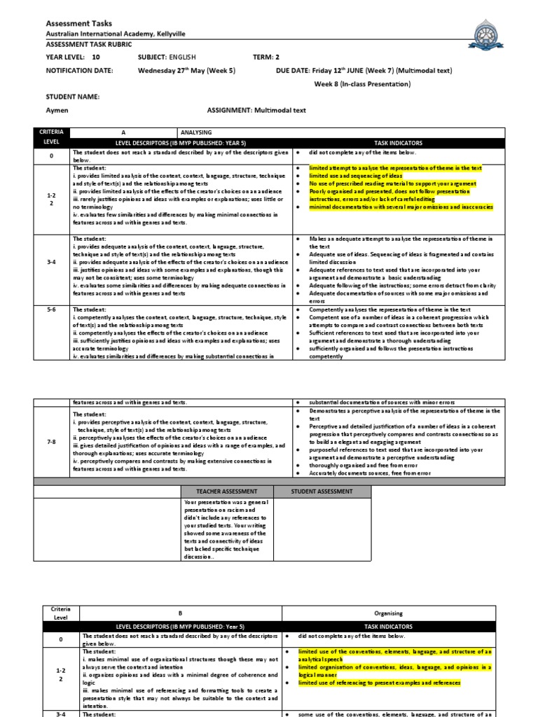 Myp Generic Rubric Language A English PDF Syntax Rubric, 55% OFF
