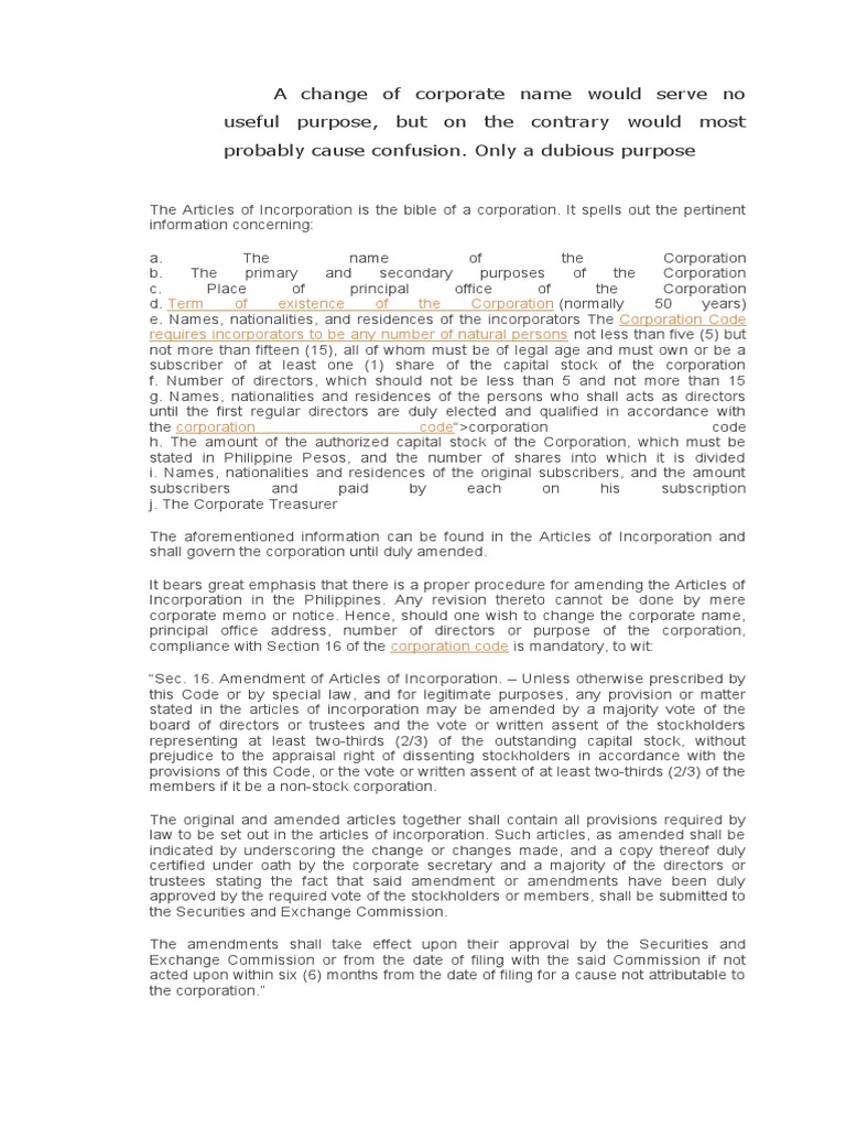 Amending Articles of Incorporation Guide | PDF | By Law | Board Of ...