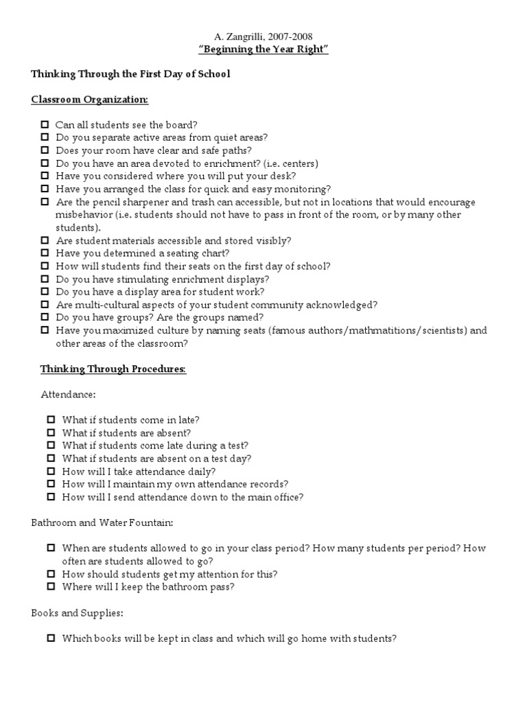 First Day of School Checklist | PDF | Classroom | Cognitive Science