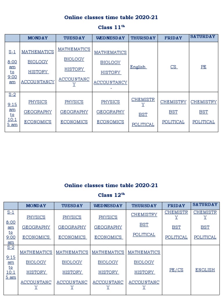 Online Classes Time Table 2020-21 Class 11: Monday Tuesday Wednesday ...