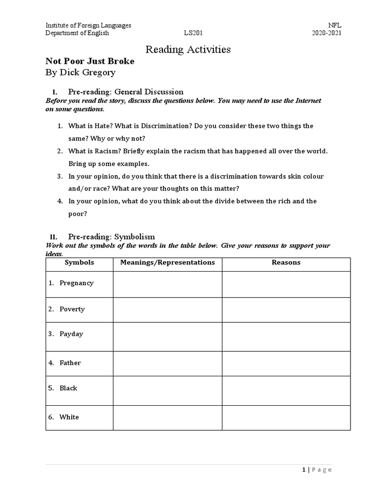 Worksheet - Not Poor Just Broke | PDF | Reason | Racism