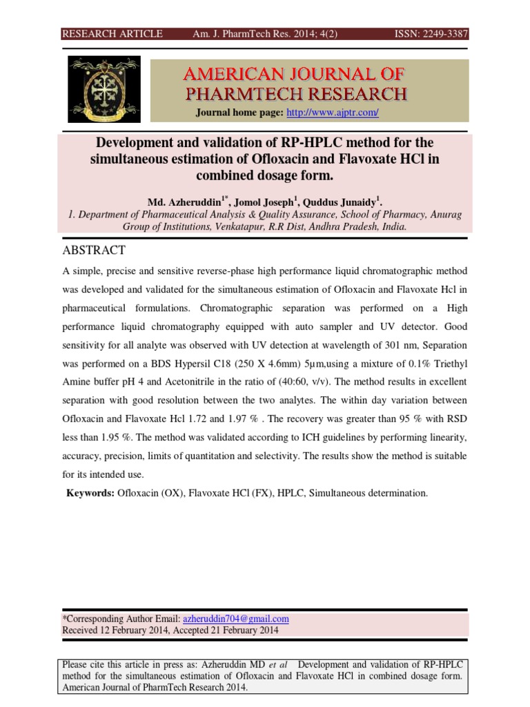 Development and Validation of RP-HPLC Method For The Simultaneous Estimation of Ofloxacin and ...