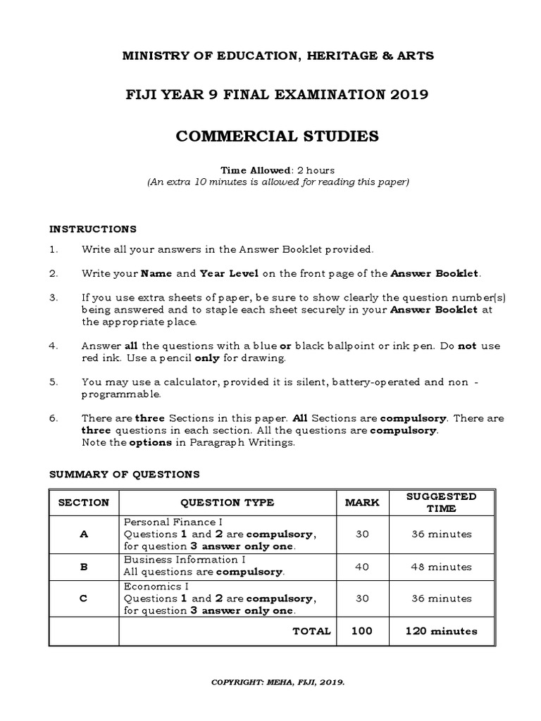 Commercial Studies: Fiji Year 9 Final Examination 2019 | PDF ...