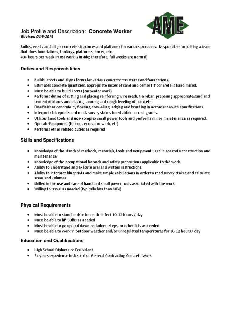 Concrete Worker Job Description | PDF