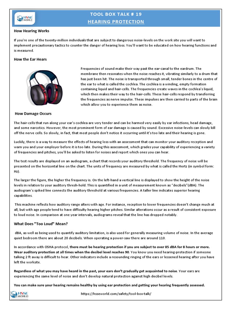 Tool Box Talk # 19 Hearing Protection | PDF | Hearing | Hearing Loss