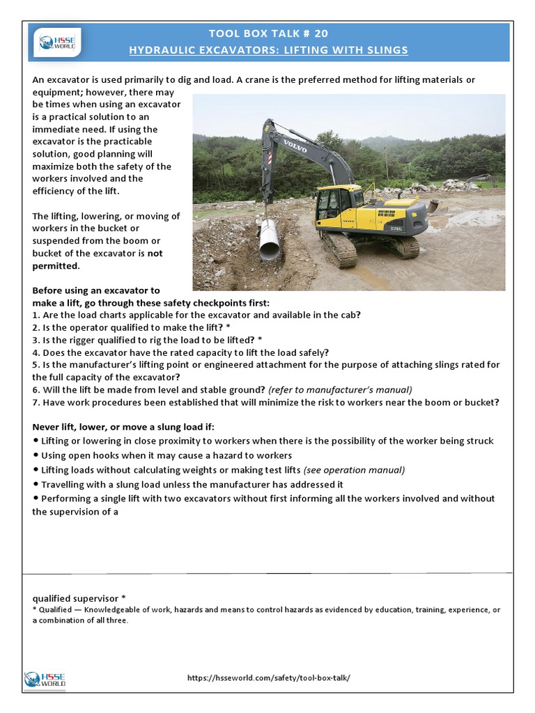 Tool Box Talk # 20 Hydraulic Excavators: Lifting With Slings | PDF
