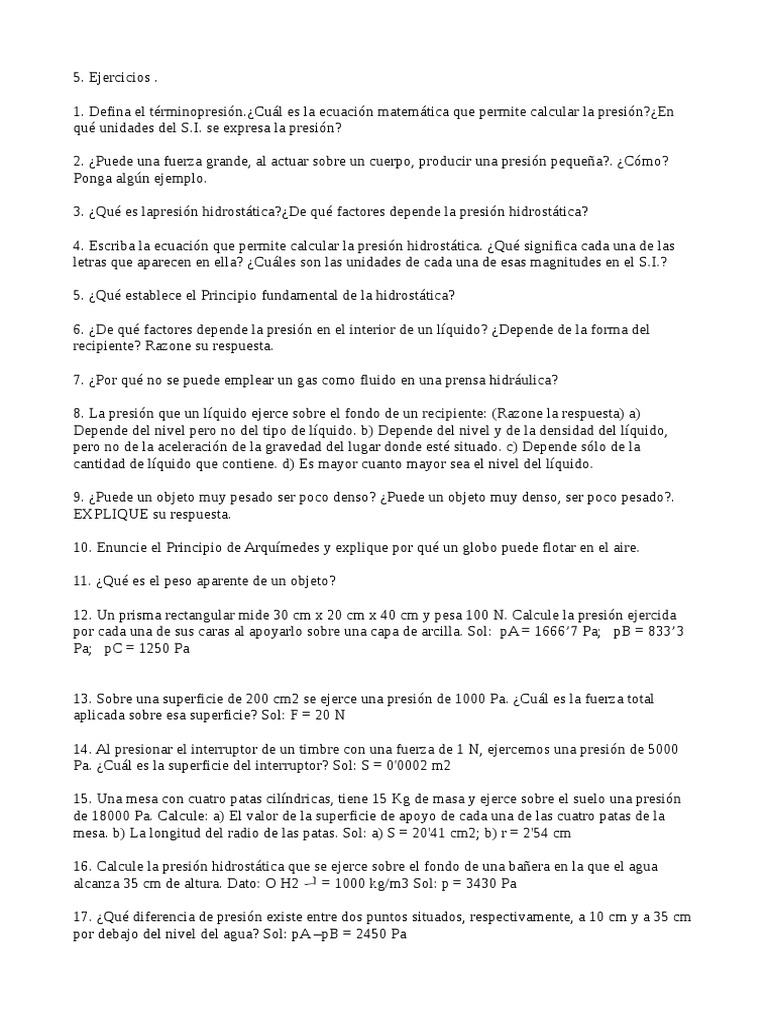 Ejercicios Pascal | Descargar gratis PDF | Presión | Densidad