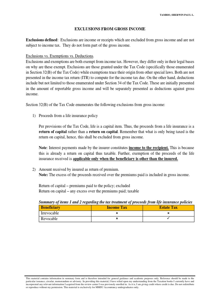 Exclusions From Gross Income | PDF | Gross Income | Taxation In The ...