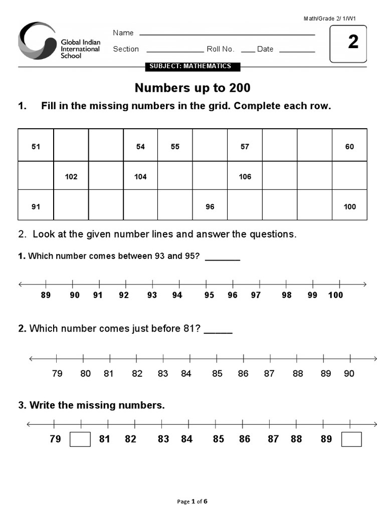 Numbers Up To 200: 1. Fill in The Missing Numbers in The Grid. Complete ...