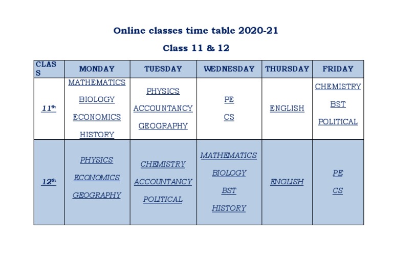 Online Classes Time Table 2020-21 Class 11 & 12: Clas S Monday Tuesday ...