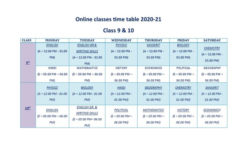Online Classes Time Table 2020-21 Class 9 & 10: Class Monday Tuesday ...