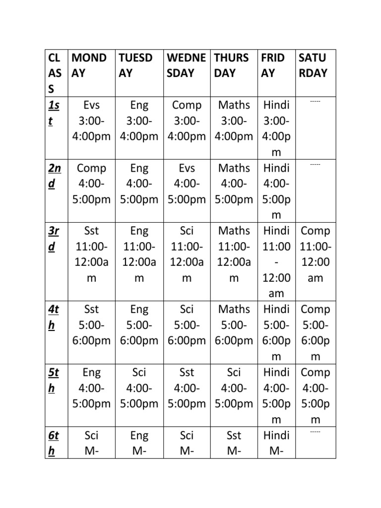 School Time Table for Classes 1-12 | PDF | Language Arts & Discipline