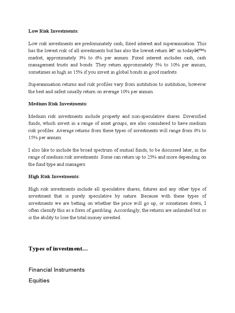 Low Risk Investments | PDF | Investing | Stocks